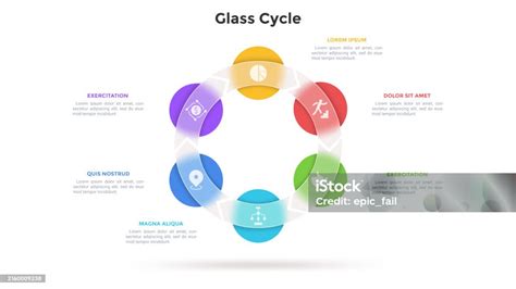 반투명 유리 링 뒤에 6개의 원이 있는 원형 순환 다이어그램 업무 프로세스의 6단계 개념 간단한 인포 그래픽 디자인 템플릿입니다 프리젠 테이션을위한 현대 평면 벡터
