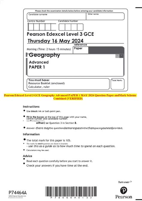 Pearson Edexcel Level GCE Geography Advanced PAPER MAY Question Paper AndMark Scheme