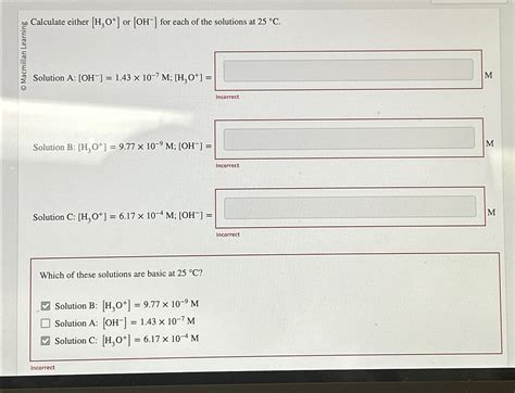 Solved Calculate Either H3O Or OH For Each Of The Solutions Chegg Com