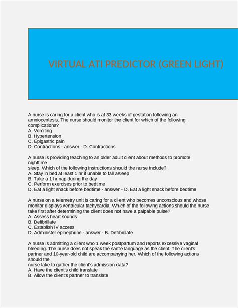 Virtual Ati Predictor Green Light Exams Nursing Docsity