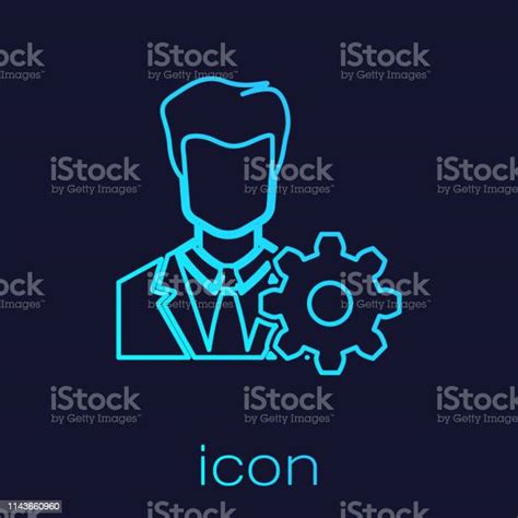 청록색 프로필 설정 라인 아이콘 파란색 배경에 고립 사용자 설정 아이콘입니다 톱니바퀴 기호가 있는 프로필 아바타 계정 아이콘을 표시 합니다 남성 사람 실루엣입니다 벡터