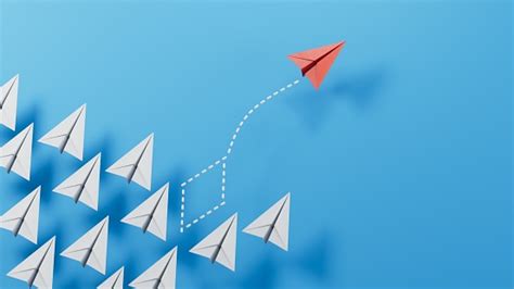 파란색 종이 비행기 그룹과 빨간색 종이 비행기 하나가 반대 방향으로 움직이며 독립적 인 성격의 개념과 파란색 배경의 Influence3d 렌더링에서 벗어납니다 개념에 대한