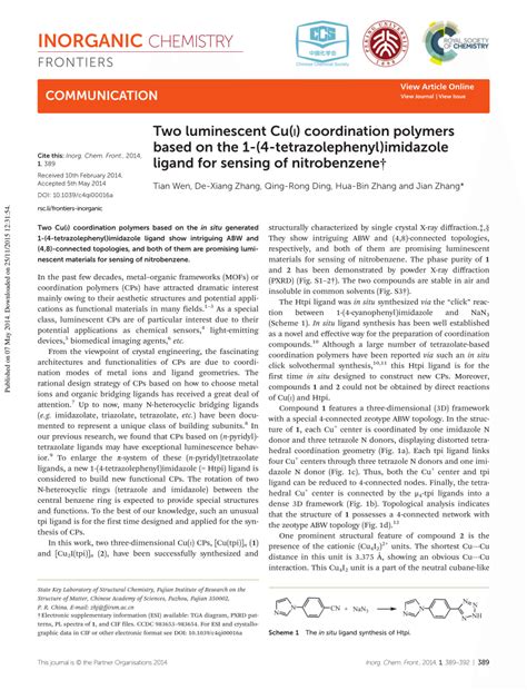 Pdf Two Luminescent Cu I Coordination Polymers Based On The 1 4