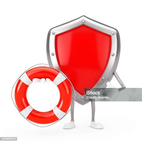 레드 메탈 보호 방패 캐릭터 마스코트 와 라이프 부표 3d 렌더링 Sos에 대한 스톡 사진 및 기타 이미지 Sos 공기 주입 구명 기구 Istock