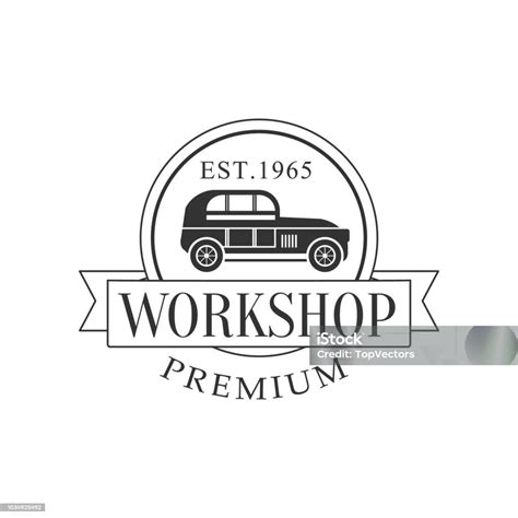 레트로 자동차 수리 워크숍 검은색과 흰색 라벨 디자인 서식 파일 라운드 프레임 및 리본 고급에 대한 스톡 벡터 아트 및 기타