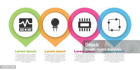 전기 측정 기기 발광 다이오드 마이크로 회로 Cpu 및 전기 회로 구성표를 갖춘 프로세서를 설정합니다 비즈니스 인포그래픽 템플릿입니다 벡터 0명에 대한 스톡 벡터 아트 및