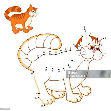 고양이 점투닷 게임 숫자로 점을 연결하여 만화 귀여운 빨간 새끼 고양이를 그립니다 논리 게임과 답변이 있는 색칠 공부 페이지 카운트 번호 125를 연습하는 아이들을 위한