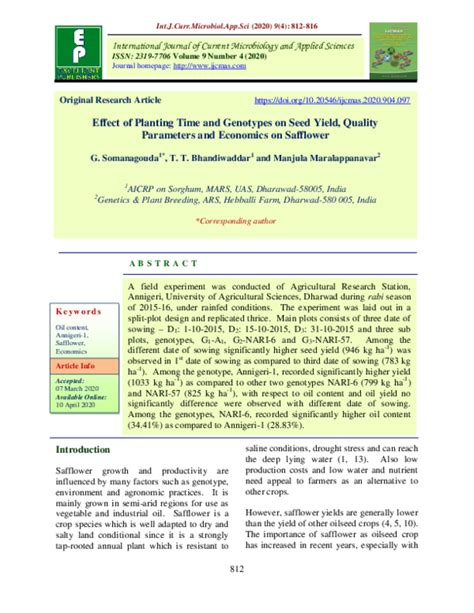 (PDF) Effect of Planting Time and Genotypes on Seed Yield, Quality Parameters and Economics on ...
