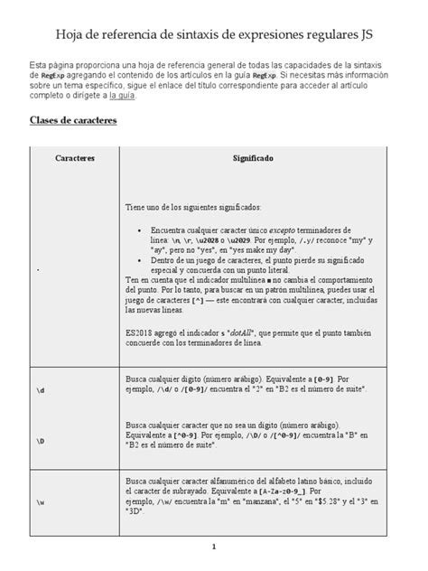 Hoja De Referencia De Sintaxis De Expresiones Regulares Parte 01 De 02 Pdf Expresión Regular