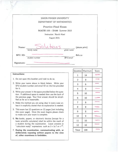 Calculus II For The Biological Sciences Practice Final Solution MATH Studocu