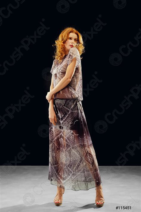 Red Hair Model Posing In Fashion Dress Stock Photo Crushpixel