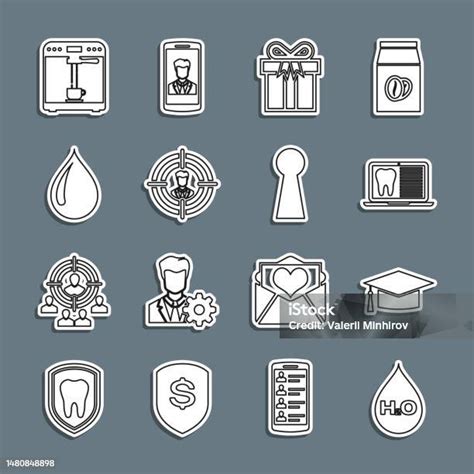 H2o 졸업 모자 노트북 치과 카드 선물 상자 헤드 헌팅 커피 머신 및 컵 열쇠 구멍 아이콘으로 라인 물방울을 설정합니다 벡터