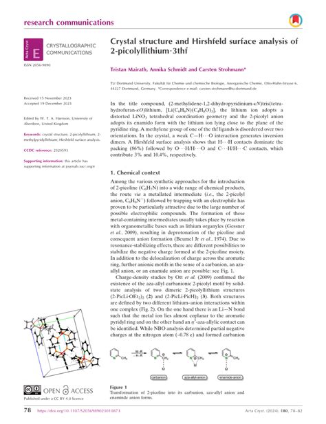 Pdf Crystal Structure And Hirshfeld Surface Analysis Of 2 Picolyllithium·3thf