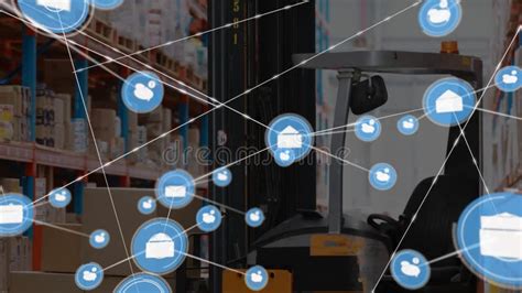 Animation Of Icons Connecting With Lines Over Forklift With Cardboard Boxes In Warehouse Stock