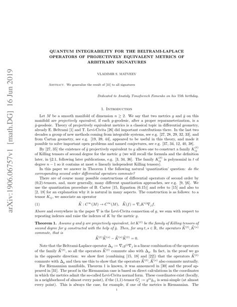 Pdf Quantum Integrability For The Beltrami Laplace Operators Of Projectively Equivalent