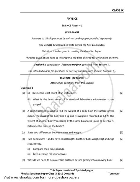 Physics 2018 2019 English Medium ICSE Class 9 Set 1 Specimen Question Paper With PDF