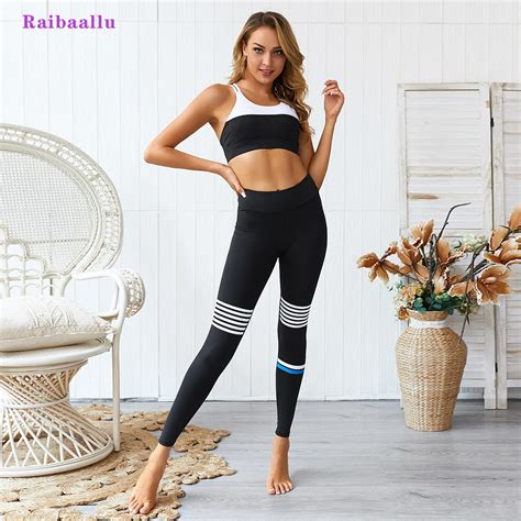Raibaallu 여자 오프셋 인쇄 요가 정장 민소매 조끼 러닝 바지 운동복 라운드 칼라 패딩 양복 세트요가 세트