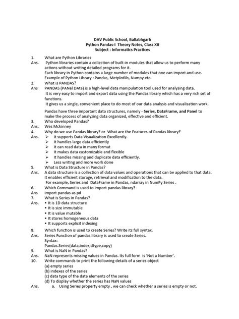 Pyhton Panadas Notes Class 12 Pdf Software Engineering Computing