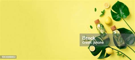 민트 레몬 및 열 대 Monstera 해독 물 병 노란색 바탕에 나뭇잎 플랫이 하다 배너입니다 감귤 류의 레모네이드입니다 여름 과일 물 주입 복사 공간 평면도 0명에 대한