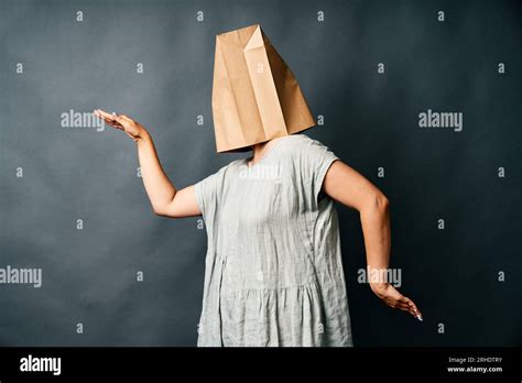 Funny Dance Woman With Paper Bag Over Her Head Dancing On Dark