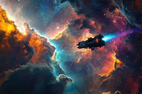 Spaceship Navigating Through Vibrant Cosmic Nebula In Deep Space At