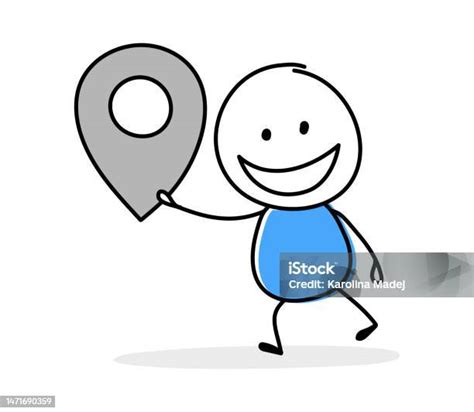 손으로 그린 지도 핀 기호입니다 아이콘을 들고 있는 스틱맨이 있는 재미있는 개념 만화 스타일 디자인 벡터 그림 가리키기에 대한