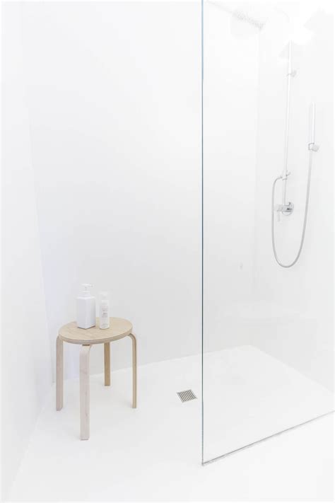 Shower With Wooden Showering Stool White Bathroom Interior Design Ideas