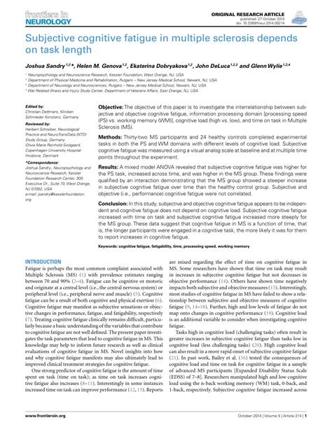 Pdf Subjective Cognitive Fatigue In Multiple Sclerosis Depends On Task Length