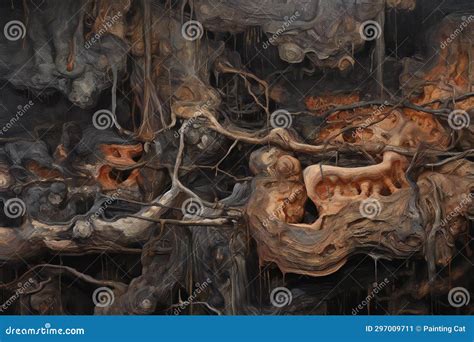 Dry Tree Roots And Human Skull In The Cave Stock Illustration Illustration Of Retro
