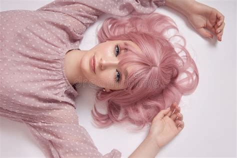 Portrait Of A Young Woman With Pink Hair Perfect Hairstyle And Hair