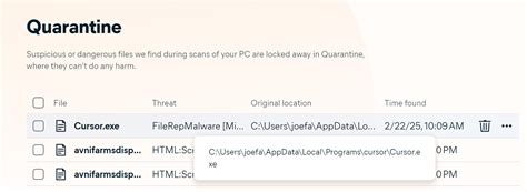 avast quarantined cursor exe for filerepmalware threat
