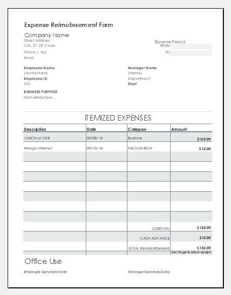 Expense Reimbursement Forms For Ms Excel Excel Templates
