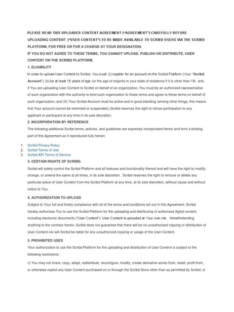 Scribd Uploader Content Agreement Terms For Users To Upload Publish