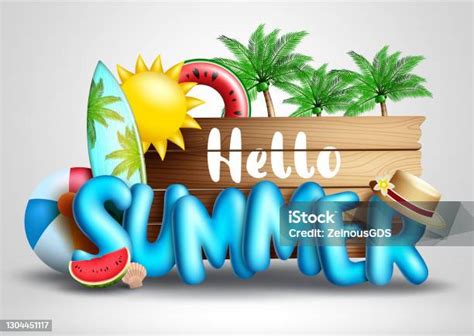 안녕하세요 여름 벡터 컨셉 디자인 재미 야외 휴가 야자수 서핑 보드와 플로터 같은 요소와 열대 시즌 배경안녕하세요 여름 텍스트 3차원 형태에 대한 스톡 벡터 아트 및 기타