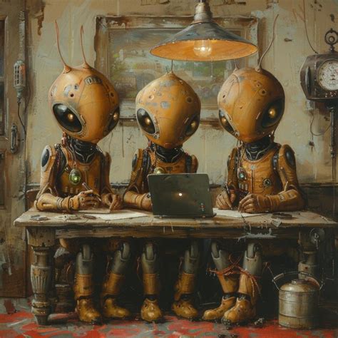 sculpture of two robots sitting at the table with a laptop premium ai