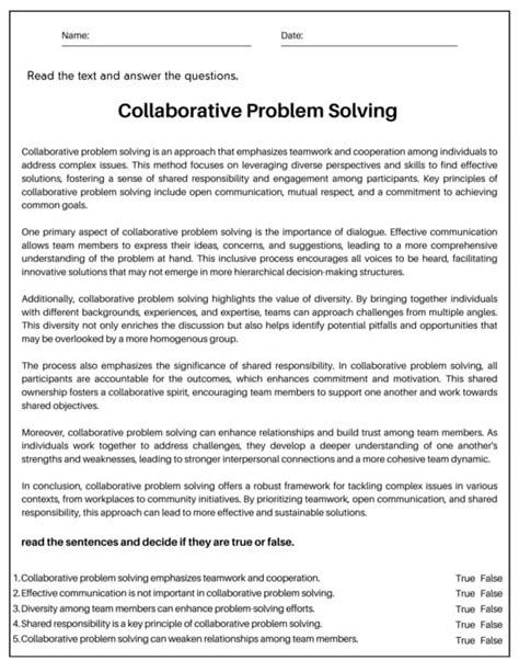 Collaborative Problem Solving Reading Comprehension Passages And Questions Worksh
