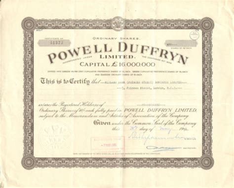 Powell Duffryn Limited Pd Ports Stock Certificate Share 1958