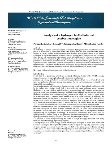 Analysis Of A Hydrogen Fuelled Internal Combustion Engine Pdf Internal Combustion Engine