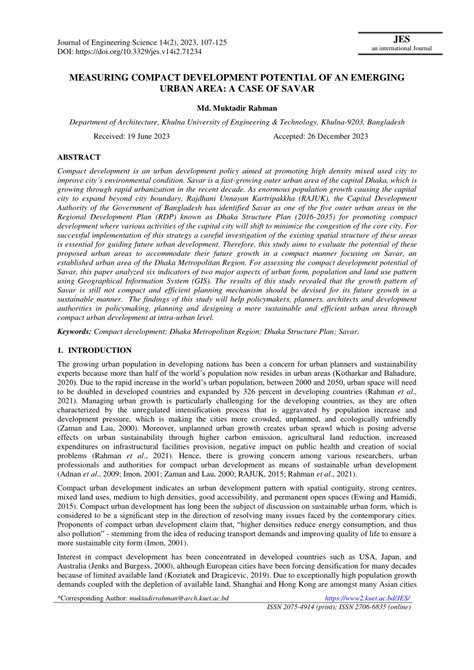 Pdf Measuring Compact Development Potential Of An Emerging Urban Area A Case Of Savar
