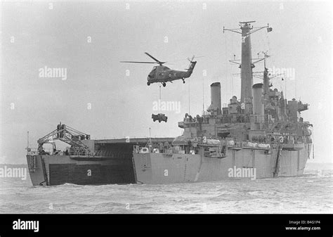 Royal Navy Ships Hms Fearless Assault Ship A Wessex Helicopter Hovers