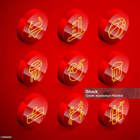 세트 라인 수영복 비치 샤워 공 해파리 코코넛 칵테일 나무 맥주 머그잔 바다 파도와 게 아이콘의 상어 지느러미 벡터 3차원 형태에 대한 스톡 벡터 아트 및 기타 이미지