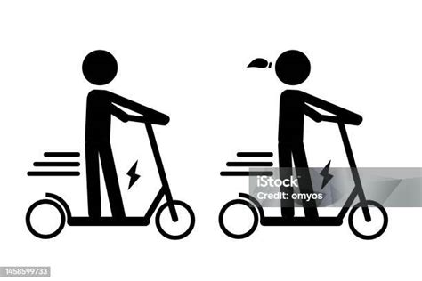 간단한 세트 2 벡터 아이콘 Stickman 여자와 남자 타고 스쿠터 설명서와 전기 사람들에 대한 스톡 벡터 아트 및 기타