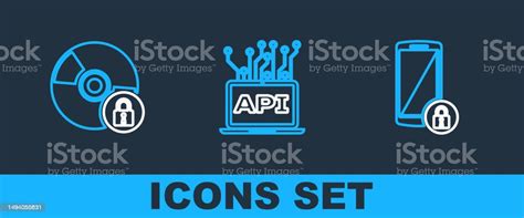 잠금 장치 Cd 또는 Dvd 디스크 및 컴퓨터 Api 인터페이스 아이콘으로 라인 스마트 폰을 설정합니다 벡터 개념에 대한 스톡 벡터 아트 및 기타 이미지 Istock