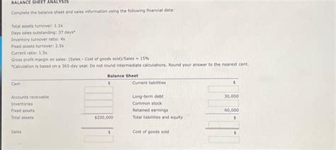 Solved BALANCE SHEET ANALYSIS Complete The Balance Sheet And Chegg Com