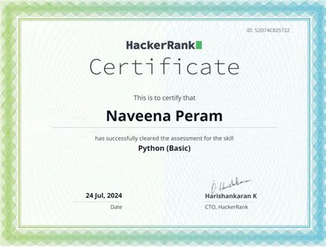 Completed Hackerrank Python Certificate Naveena Peram Posted On The