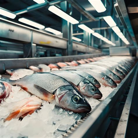 Conveyor Belt In Fish Processing Facility Fresh Fish On Ice Industrial