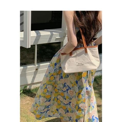 여성 반 고흐 가든 플라워 프린트 나시 원피스 여름 빈티지 유화 하이웨스트 롱스커트 티몬