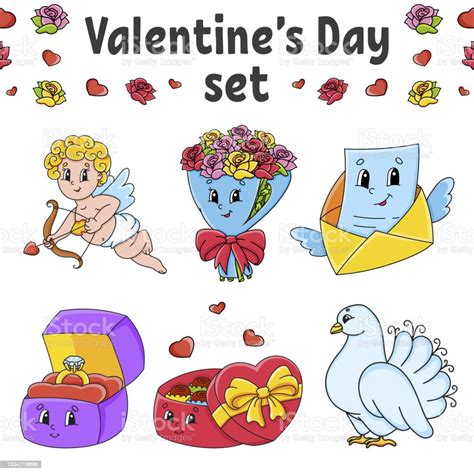 귀여운 만화 캐릭터의 세트 발렌타인 데이 클립 아트 손으로 그린 다채로운 팩 벡터 그림입니다 패치 배지 컬렉션 레이블 디자인 요소입니다 일일 플래너 일기 주최자 0명에 대한