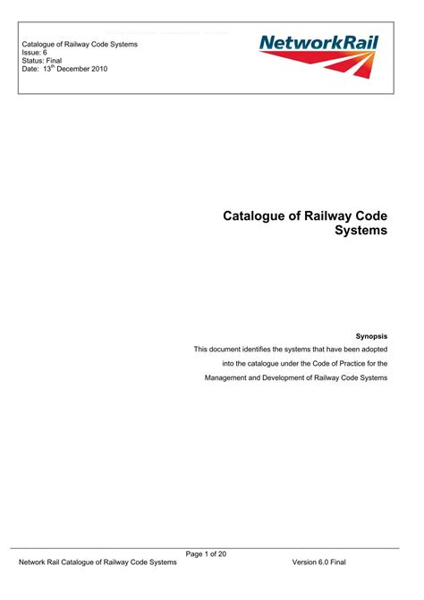 Catalogue Of Railway Code Systems Network Rail