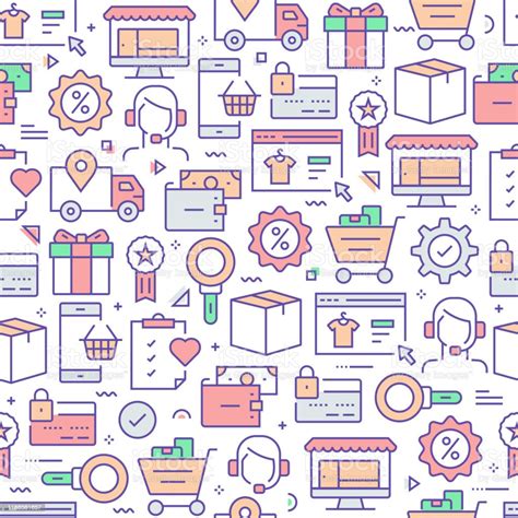 트렌디한 선형 스타일의 전자 상거래를 위한 디자인 템플릿 및 요소 벡터 세트 전자 상거래와 관련된 선형 아이콘이 있는 원활한 패턴 벡터 개념에 대한 스톡 벡터 아트 및 기타
